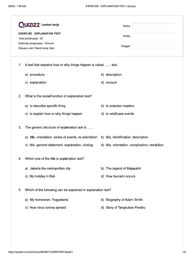 EXERCISE - EXPLANATION TEXT - Quizizz | PDF