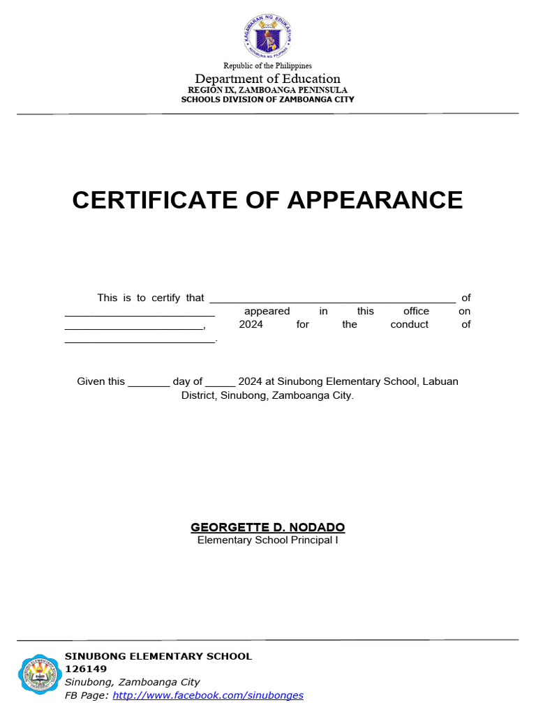 Certificate of Appearance - Sinubong School | PDF