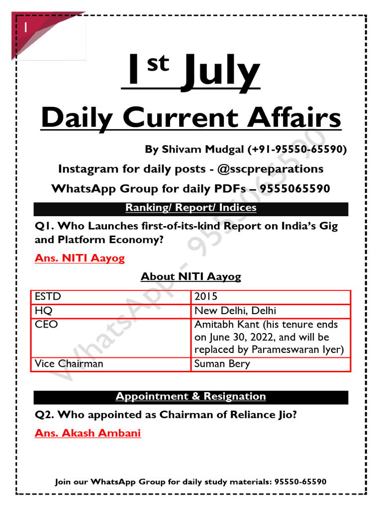 July 2022 Daily Current Affairs | PDF | Business | Finance & Money ...