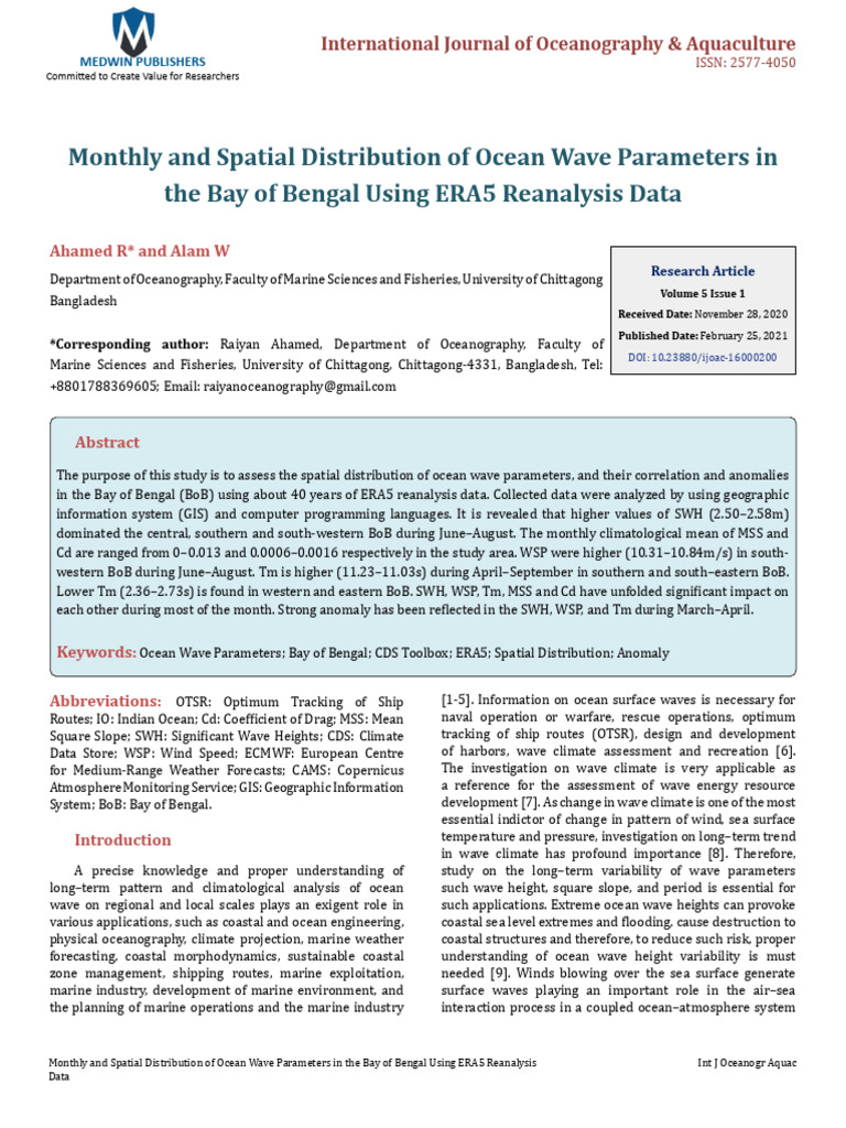 Monthly and Spatial Distribution of Ocean Wave Parameters in the Bay of Bengal Using Era5 ...