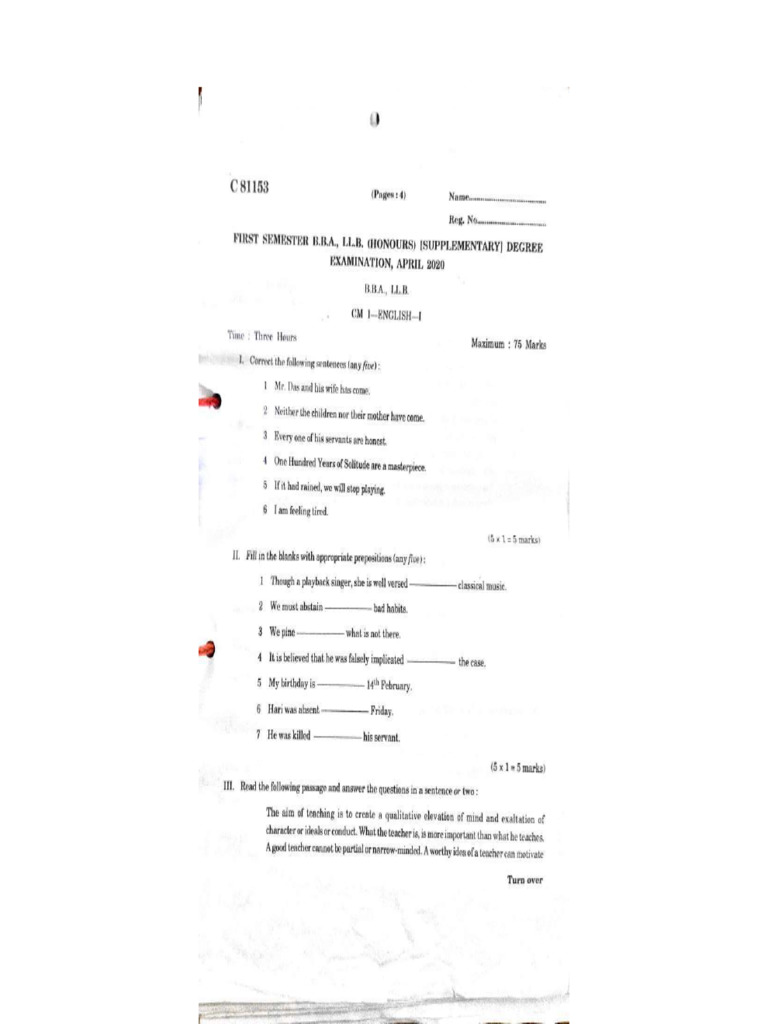 BBA LLB 2020 English Question Paper 1 | PDF