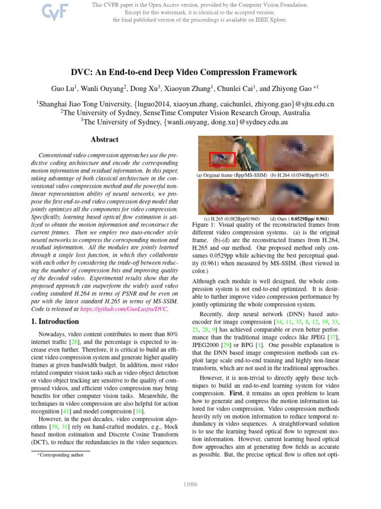 Lu DVC an End-To-End Deep Video Compression Framework CVPR 2019 Paper | Download Free PDF | Data ...