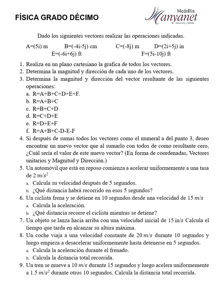 TALLER 10mo Grado | PDF | Velocidad | Vector Euclidiano