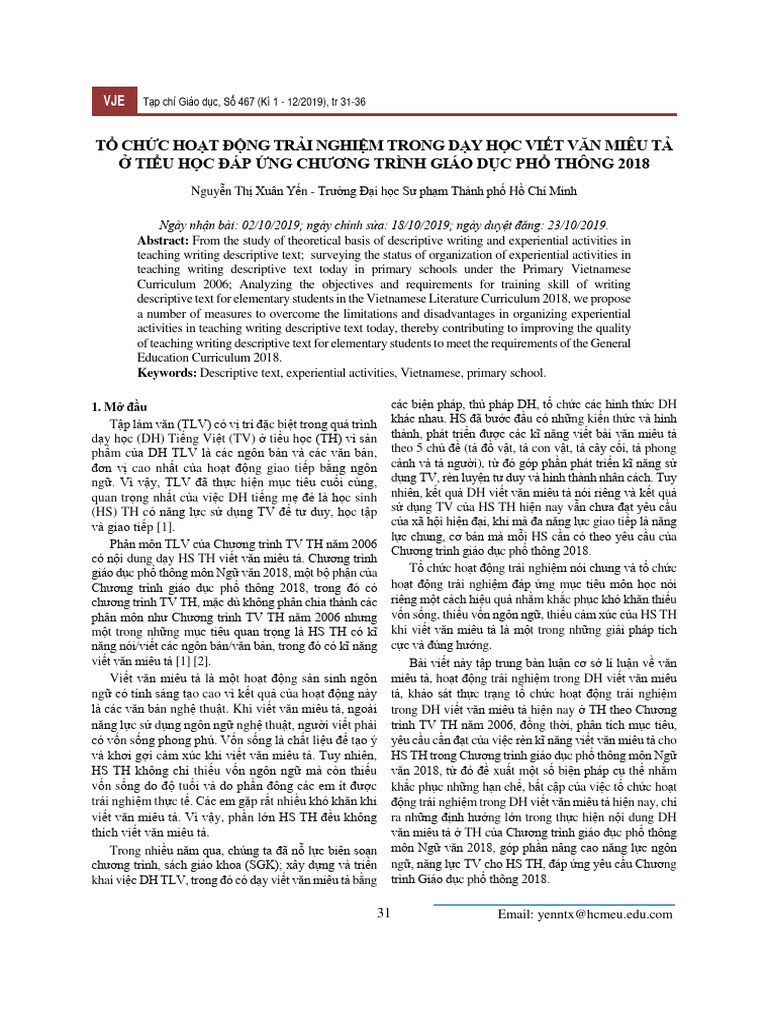 Tailieunhanh To Chuc Hoat Dong Trai Nghiem Trong Day Hoc Viet Van Mieu Ta 606 | PDF