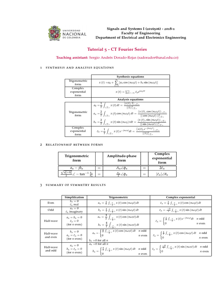 Tutorial 5 - Formulas of CT Fourier Series | PDF | Harmonic Analysis ...
