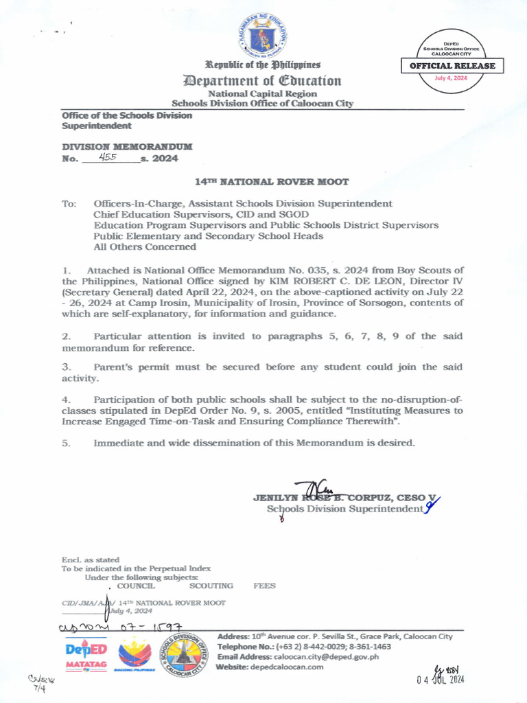 DM No. 455, s. 2024 - 14th National Rover Moot | PDF