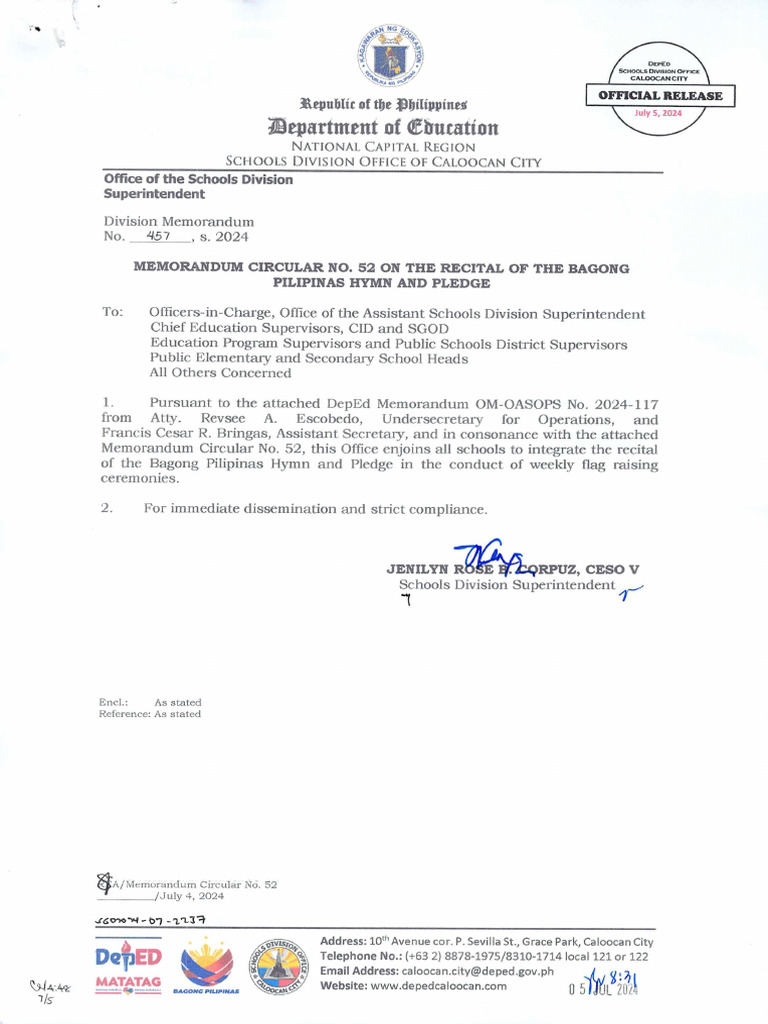 DM No. 457, s. 2024 - Memorandum Circular No. 52 on the Recital of the ...