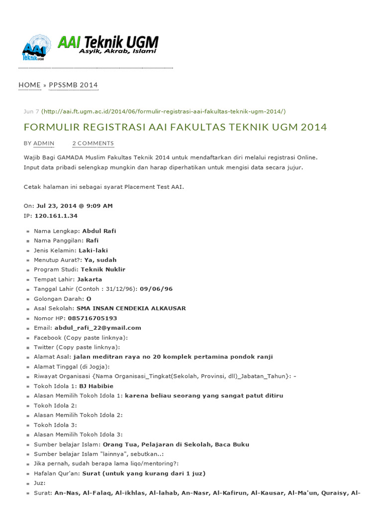 Formulir Registrasi AAI Fakultas Teknik UGM 2014 _ AAI TEKNIK | PDF