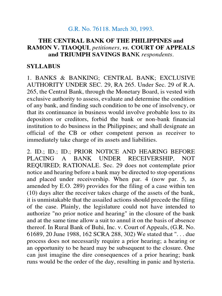 THE CENTRAL BANK OF THE PHILIPPINES and RAMON V. TIAOQUI, Petitioners, vs. COURT OF APPEALS and ...