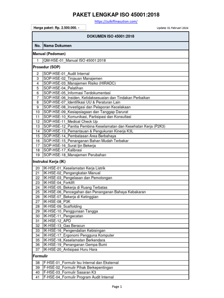 Paket Dokumen ISO 45001:2018 Lengkap | PDF