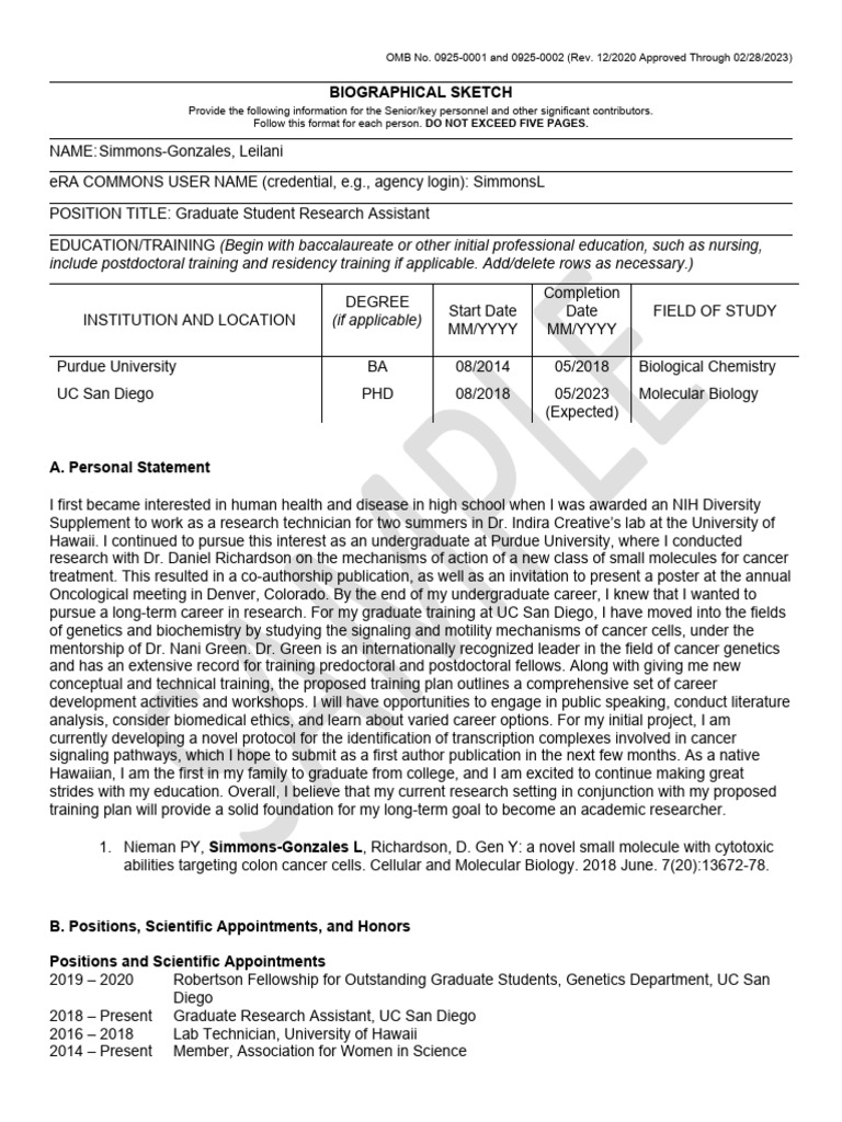predoctoral-fellowship-biosketch-sample-2021 | Download Free PDF ...