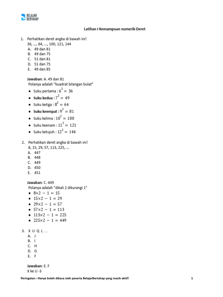 Latihan I Kemampuan Numerik-Deret | PDF