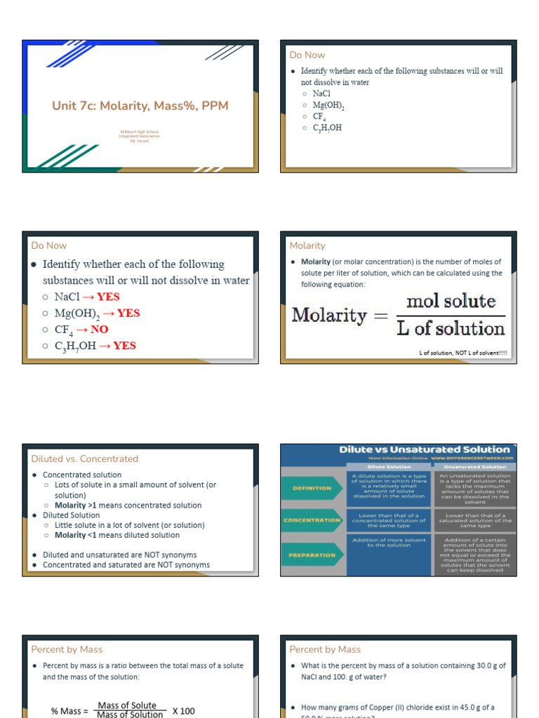 Unit 7b ACC (TEACHER) - Molarity, Mass%, PPM | PDF | Parts Per Notation ...