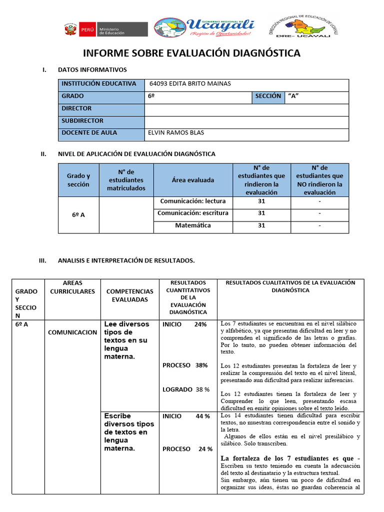Informe De La Evaluacion Diagnostica Pdf Evaluación Geometría 6192