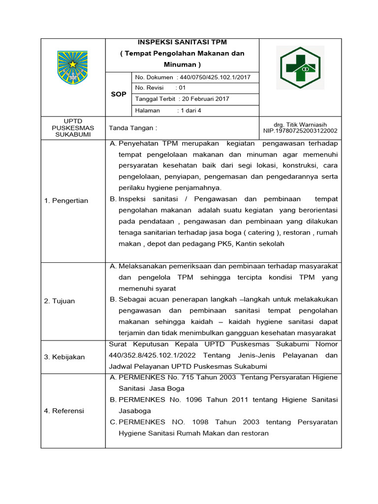 341 SOP Inspeksi Sanitasi TPM Fixx | PDF | Kesehatan Holistik