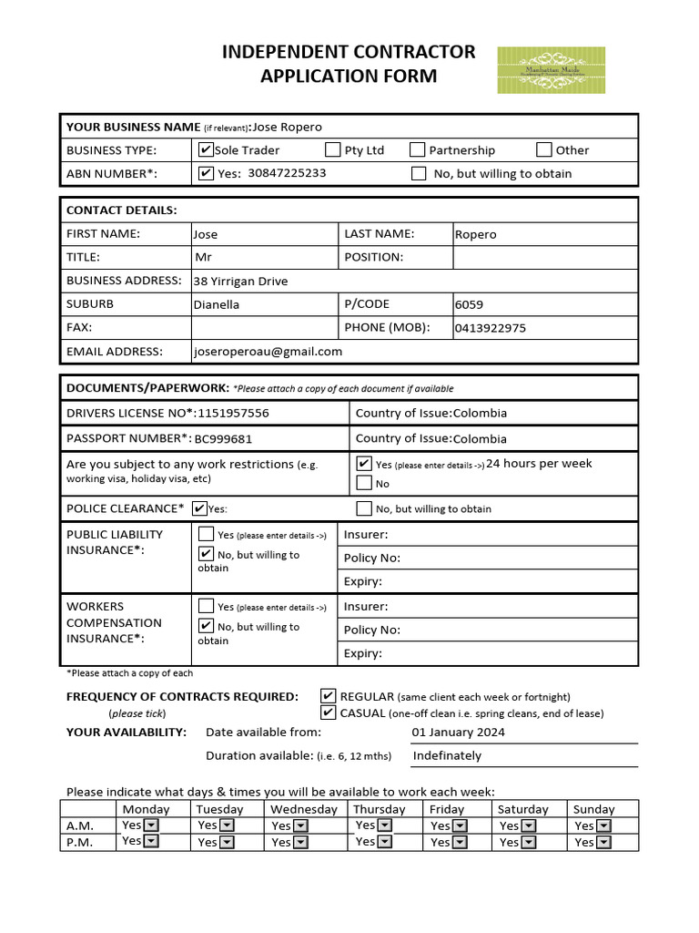 Independent Contractor Application Form | PDF | Business