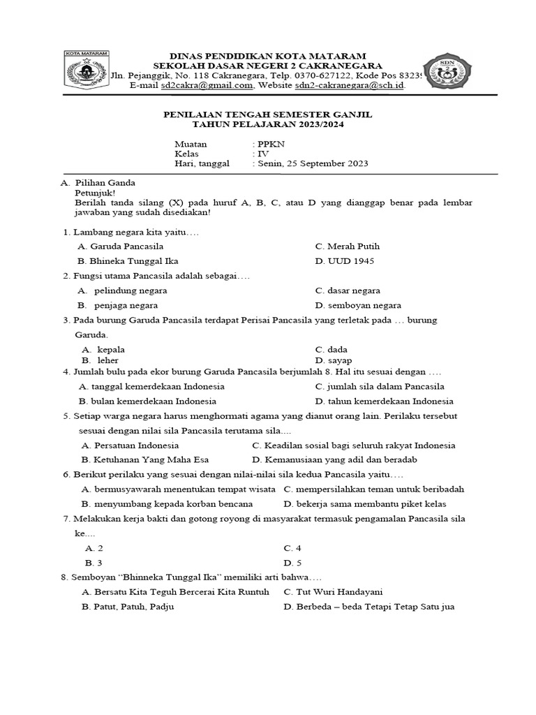 Soal Pts PPKN SMT 1 Kls 4 | PDF