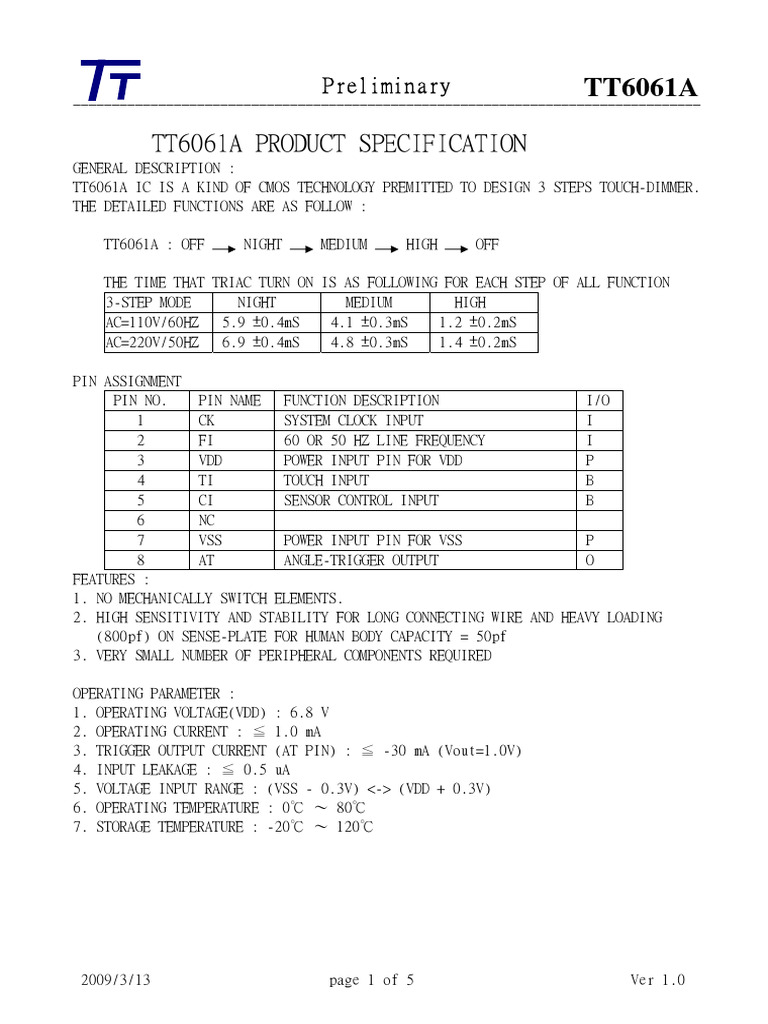 TT6061A產品規格書 V1.0 | PDF | Electrical Components | Computer Engineering