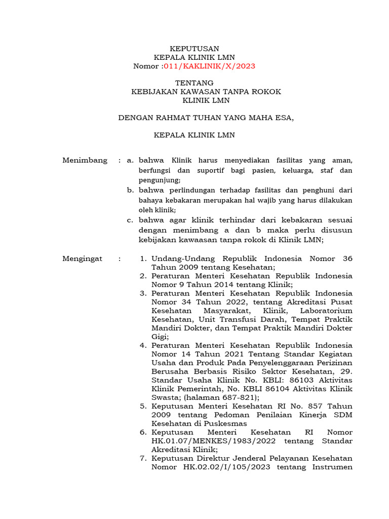 Standar 1.3. EP 9.1. Contoh Kebijakan Terkait TTG Larangan Merokok - SS | PDF