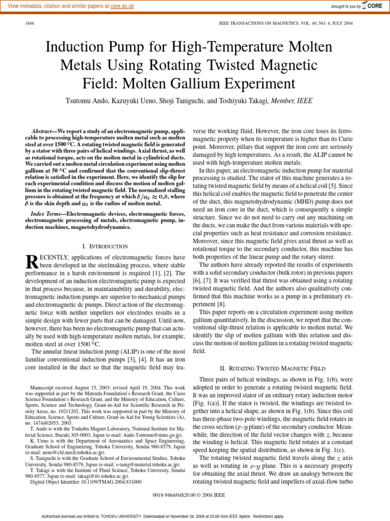 Induction Pump For High-Temperature Molten Metals Using Rotating Twisted Magnetic Field: Molten ...