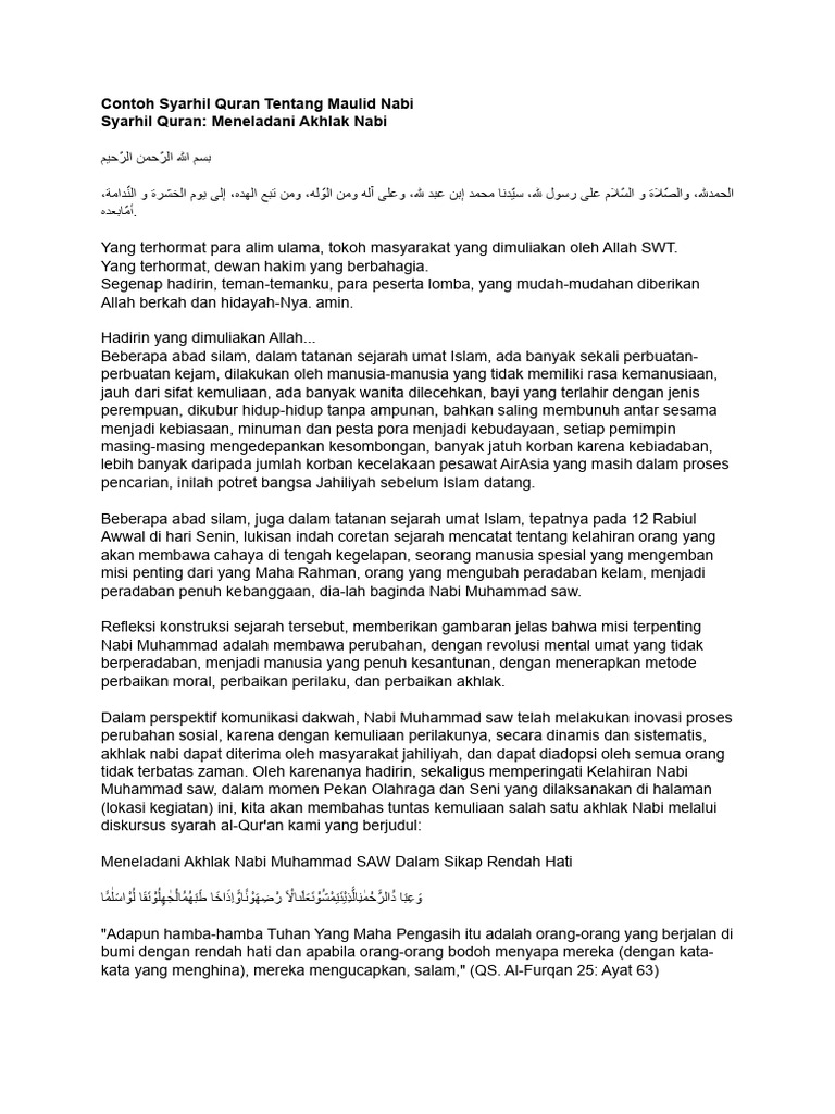 Contoh Syarhil Quran Tentang Maulid Nabi | PDF