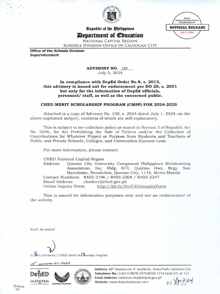 Advisory No. 135, S. 2024 - CHED Merit Scholarship Program (CMSP) For ...