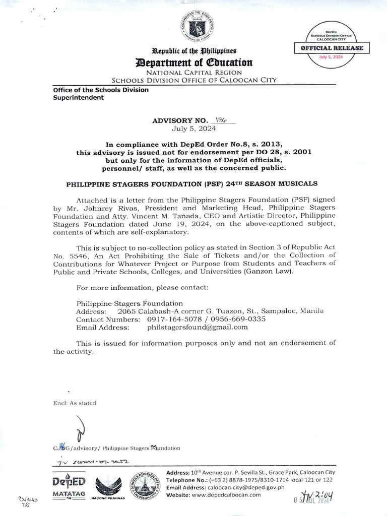 Advisory No. 136, S. 2024 - Philippine Stagers Foundation (PSF) 24th ...