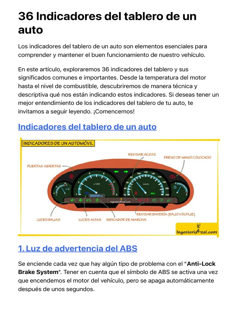36 Indicadores Del Tablero de Un Auto, Significados Comunes E ...