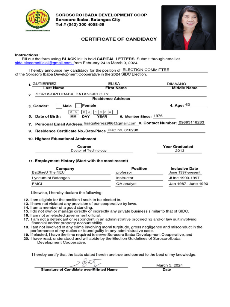 Certificate of Candidacy For 2024 Election | PDF | Justice | Crime ...