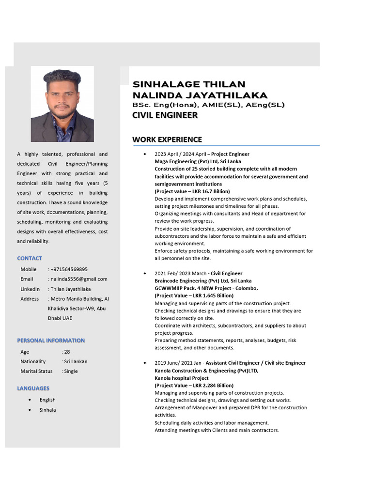 Eng Jayathilaka STN - CV - CVL | PDF | Engineering