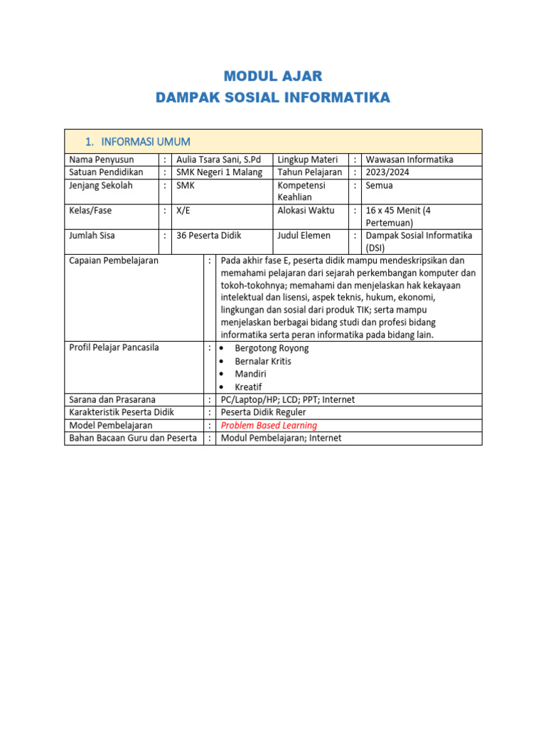 MODUL AJAR DSI | PDF