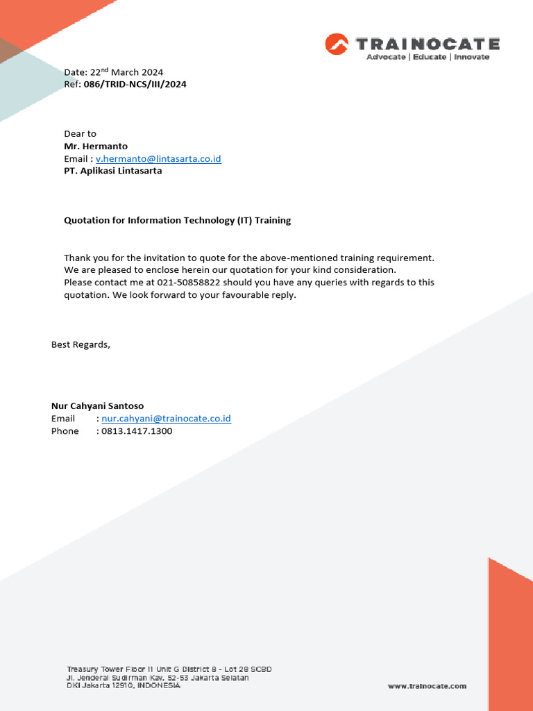 QT - Ref 086.TRID-NCS - Iii.2024 Training PECB ISO27001 Lead Implementer (PT. Lintasarta) Mr ...