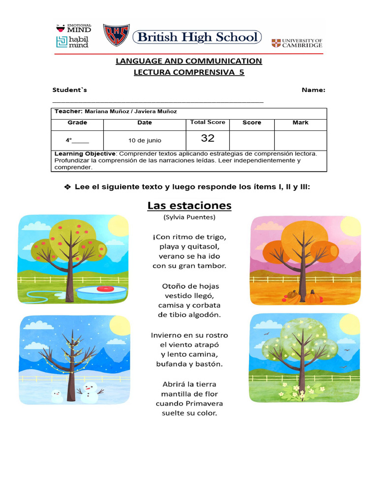 Lectura Comprensiva - 4° Básico - N°5 - Poema e Instructivo | PDF ...