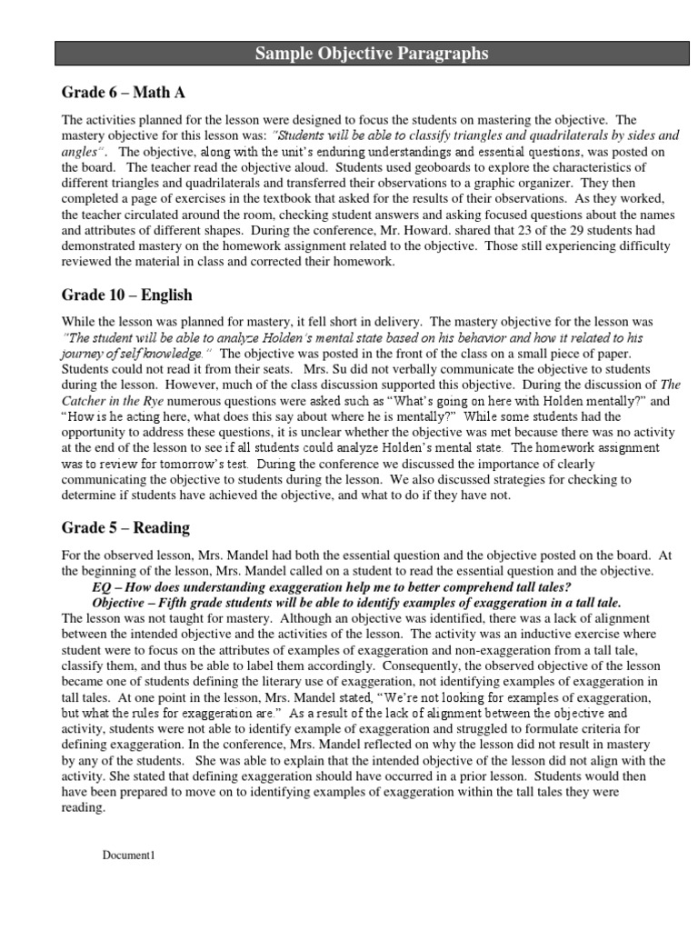 Sample Objective Paragraphs | PDF | Asymptote | Homework