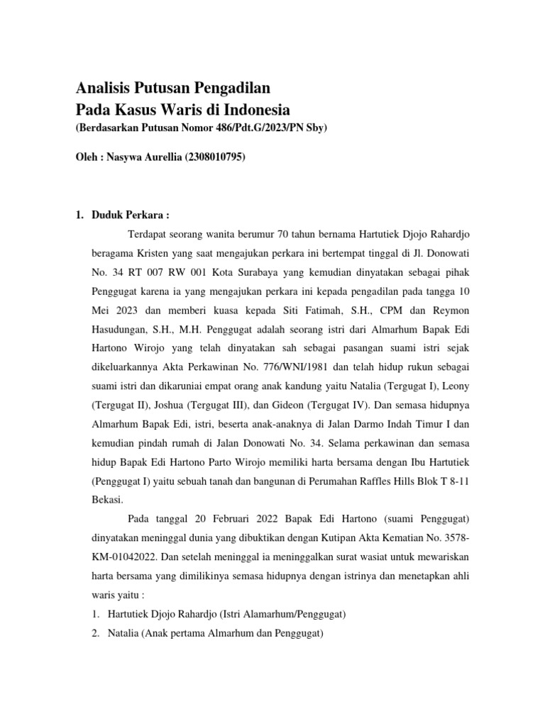 Analisa Kasus Perdata Waris Berdasarkan Putusan Pengadilan (Nasywa ...