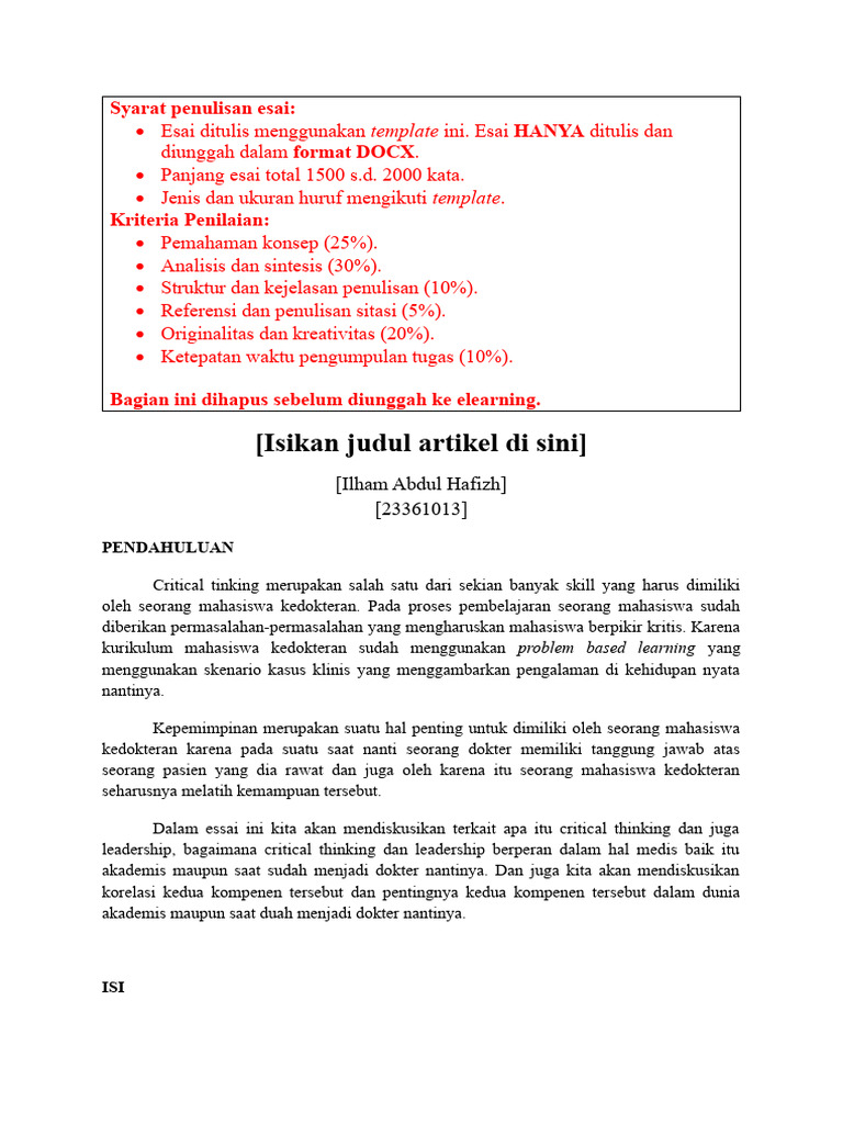 Template Tugas Esai Critical Thinking Dan Leadership in Medicine | PDF | Pengembangan Diri ...