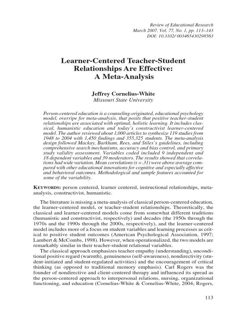 learner centered teacher-student relationships are effective- a meta-analysis | Download Free ...