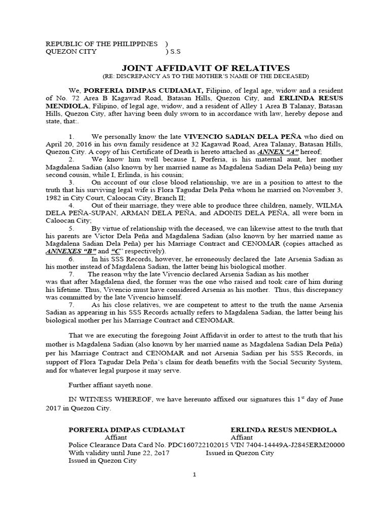Joint Affidavit of Relatives - Cudiamat & Mendiola | PDF | Affidavit ...