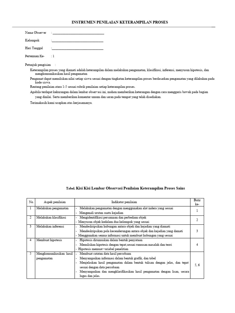 Instrumen Penilaian Keterampilan Proses | PDF | Karier & Perkembangan ...