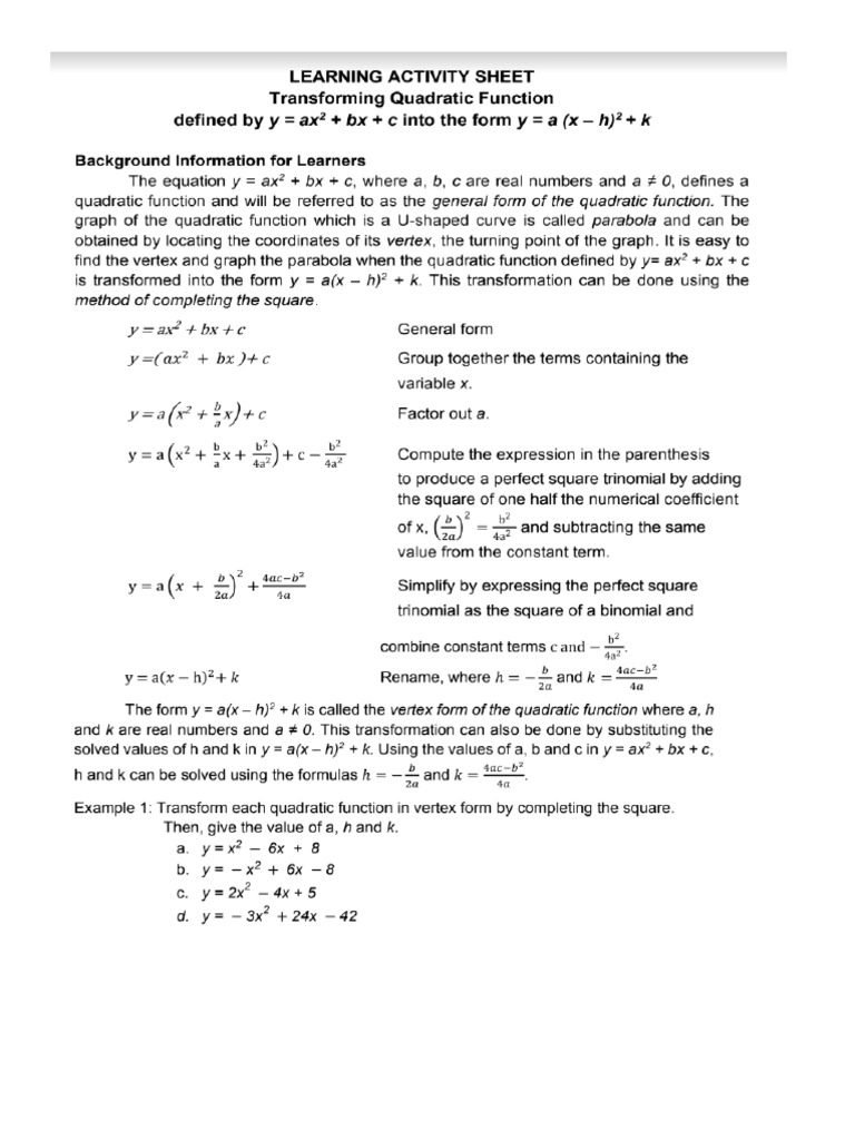 LAS Transforming Quadratic Functions | PDF