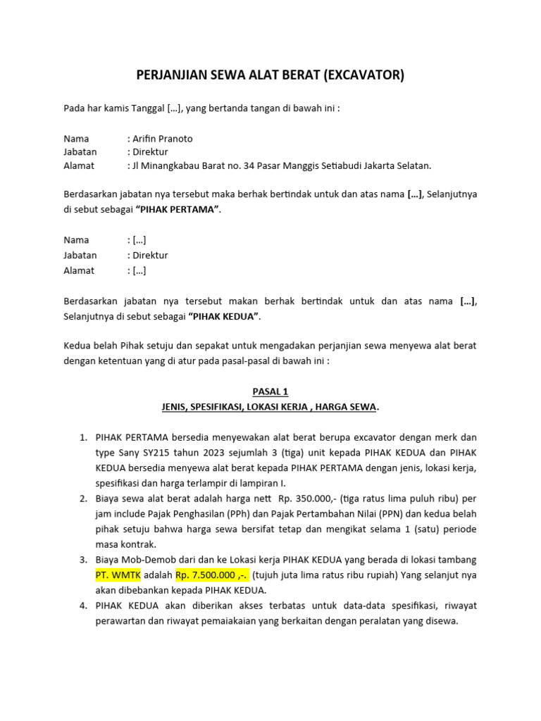 SURAT PERJANJIAN SEWA PAKAI ALAT BERAT-1-1 (Rev) | PDF