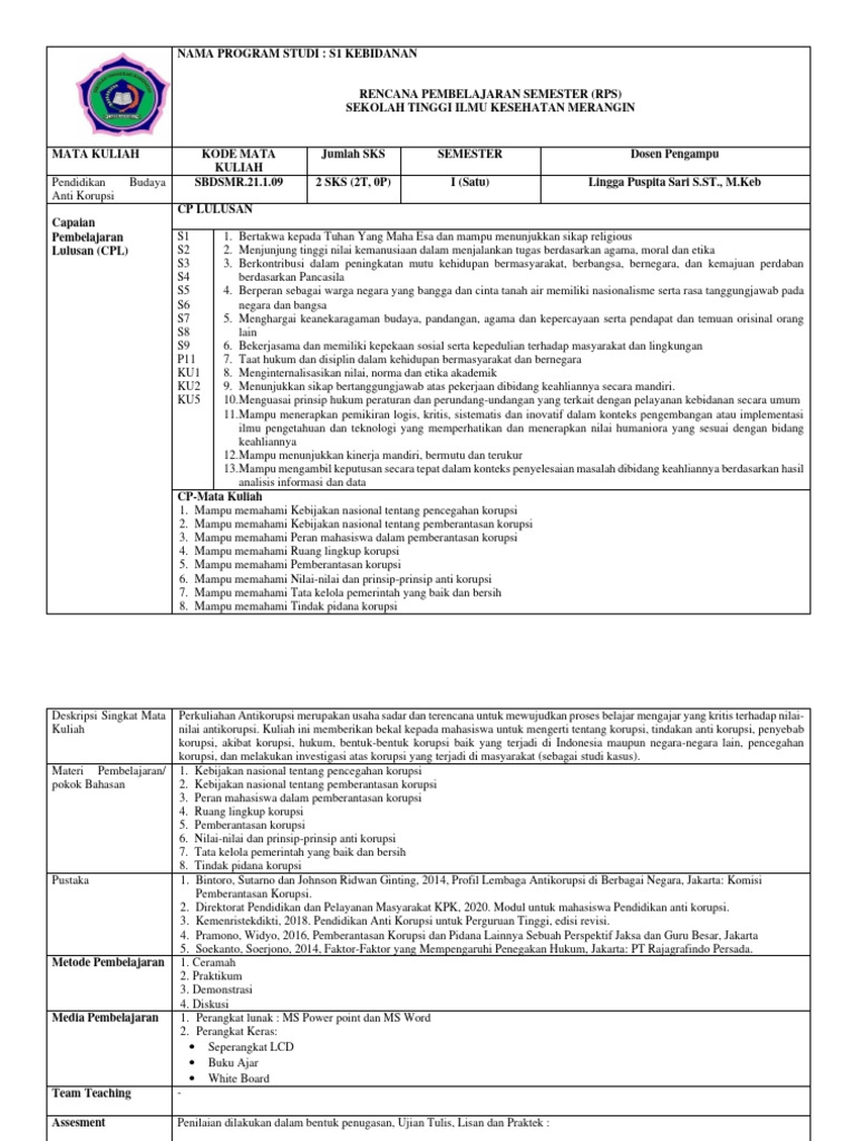 RPS Pendidikan Budaya Anti Korupsi | PDF | Karier & Perkembangan | Sains & Matematika
