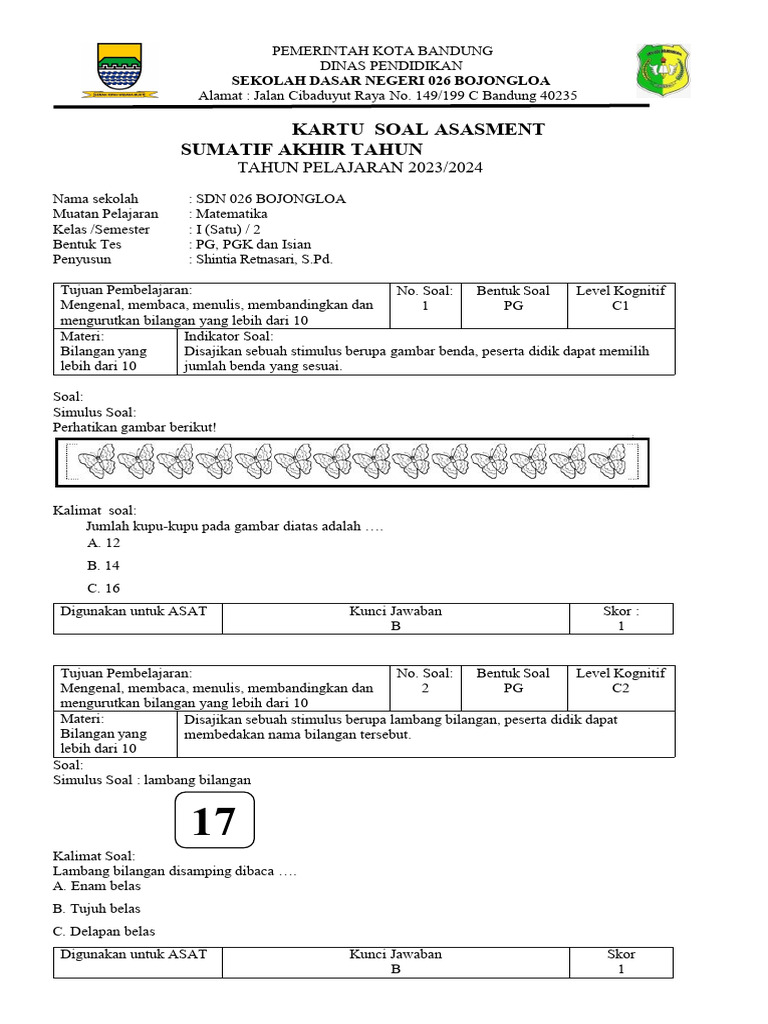 Kartu Soal Asat MTK (2024) | PDF