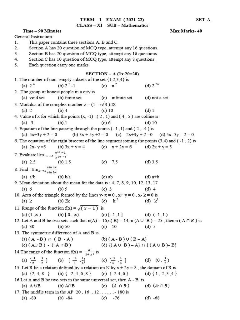 Class XI Mathematics Term-I Answer Key | PDF | Square Root | Numbers