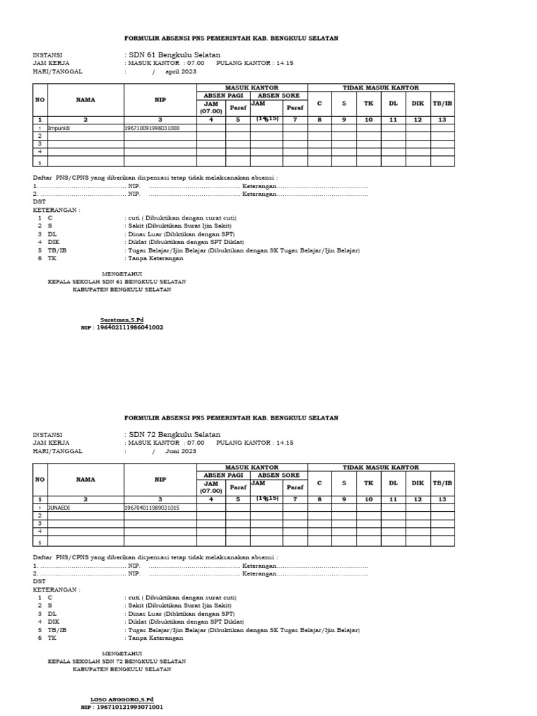 CONTOH FORMAT ABSENSI PERBULAN BARU | PDF