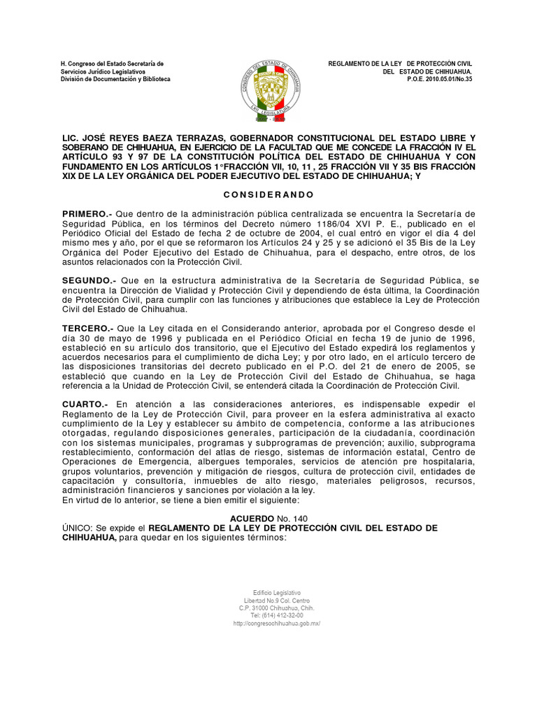 6 Reglamento A La Ley de Proteccion Civil Del Estado de Chihuahua | PDF | Defensa Civil | Riesgo
