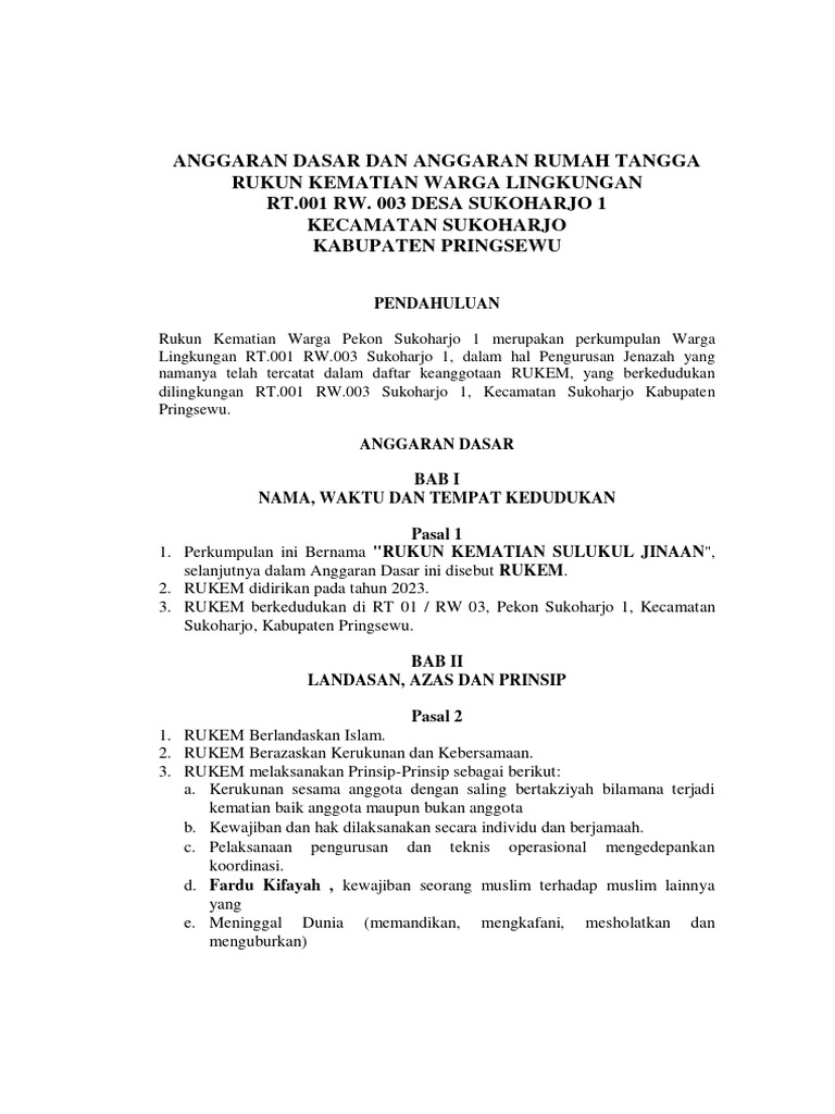 Anggaran Dasar Rukun Kematian RUKEM | PDF