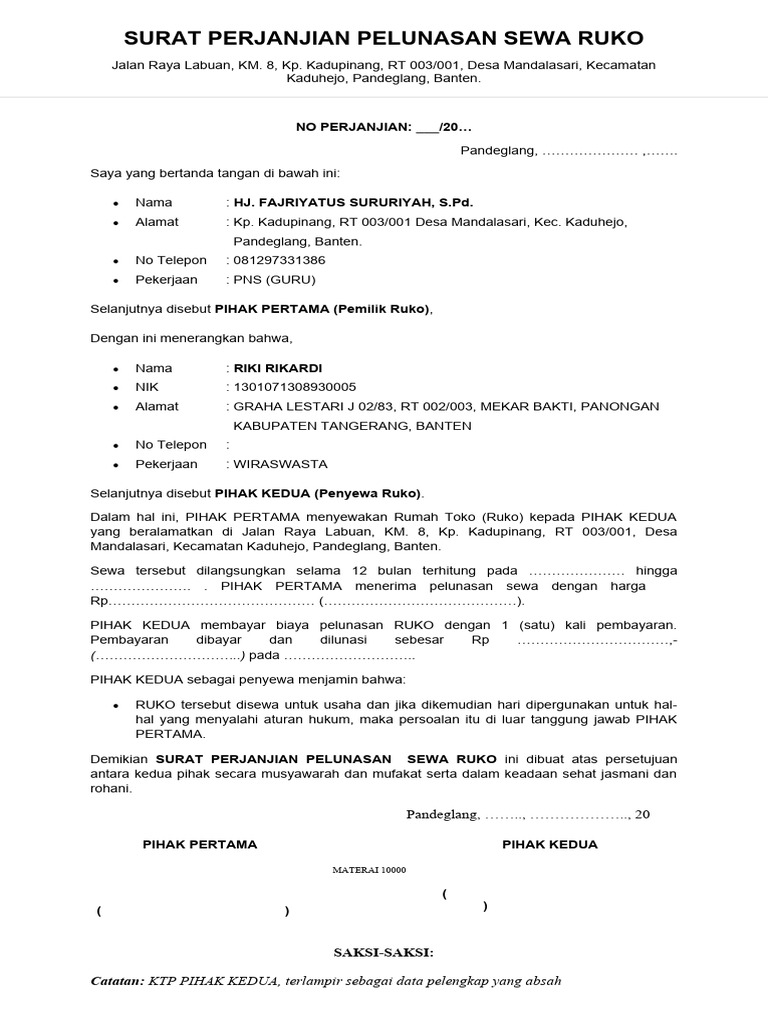 Surat Perjanjian Pelunasan Sewa Ruko | PDF