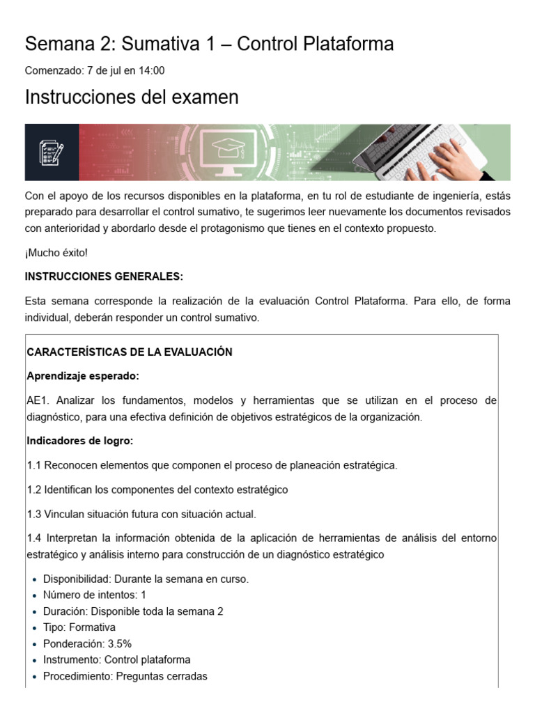 Examen - Semana 2 - Sumativa 1 - Control Plataforma | PDF | Marketing | Evaluación