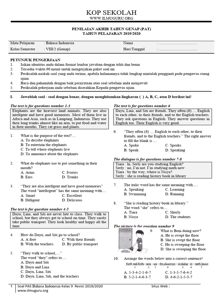 Ilmuguru - Org - Soal PAT Bahasa Inggris Kelas 8 Tahun 2020 | PDF | Classroom